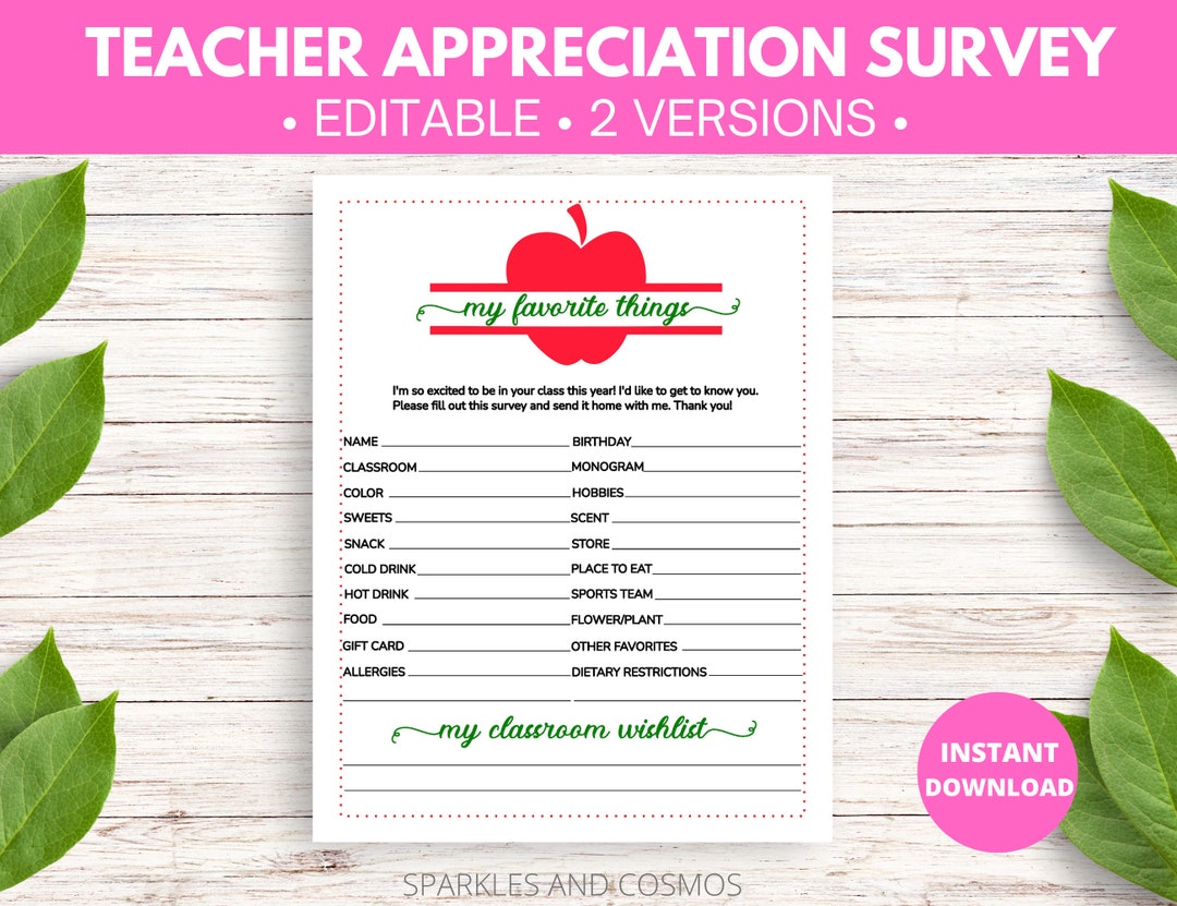 EDITABLE Teacher Favorite Things Survey Teacher Appreciation Week First ...
