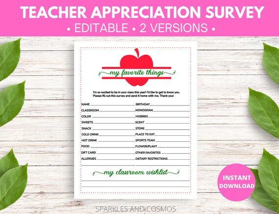 EDITABLE Teacher Favorite Things Survey Teacher Appreciation - Etsy
