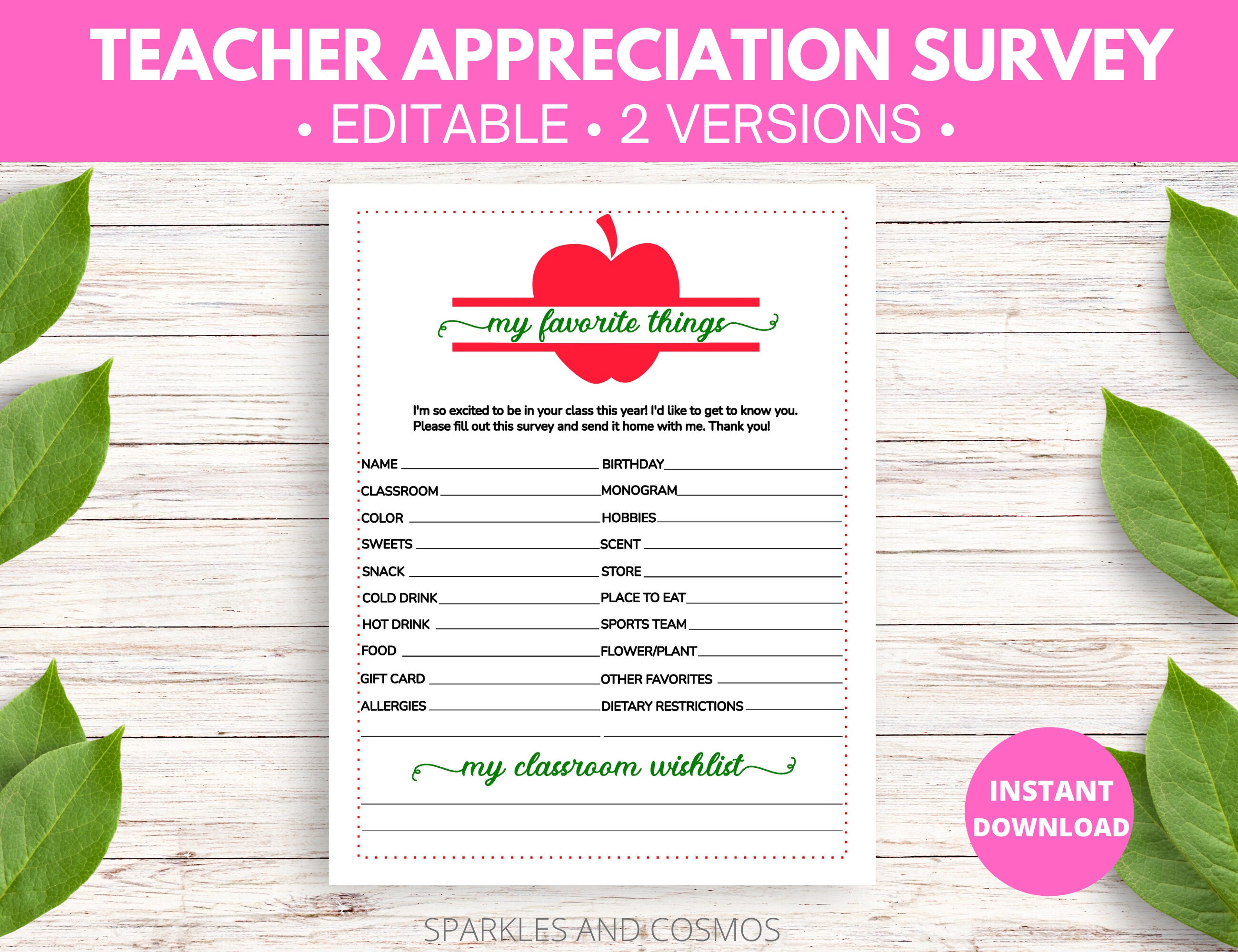 EDITABLE Teacher Favorite Things Survey Teacher Appreciation - Etsy