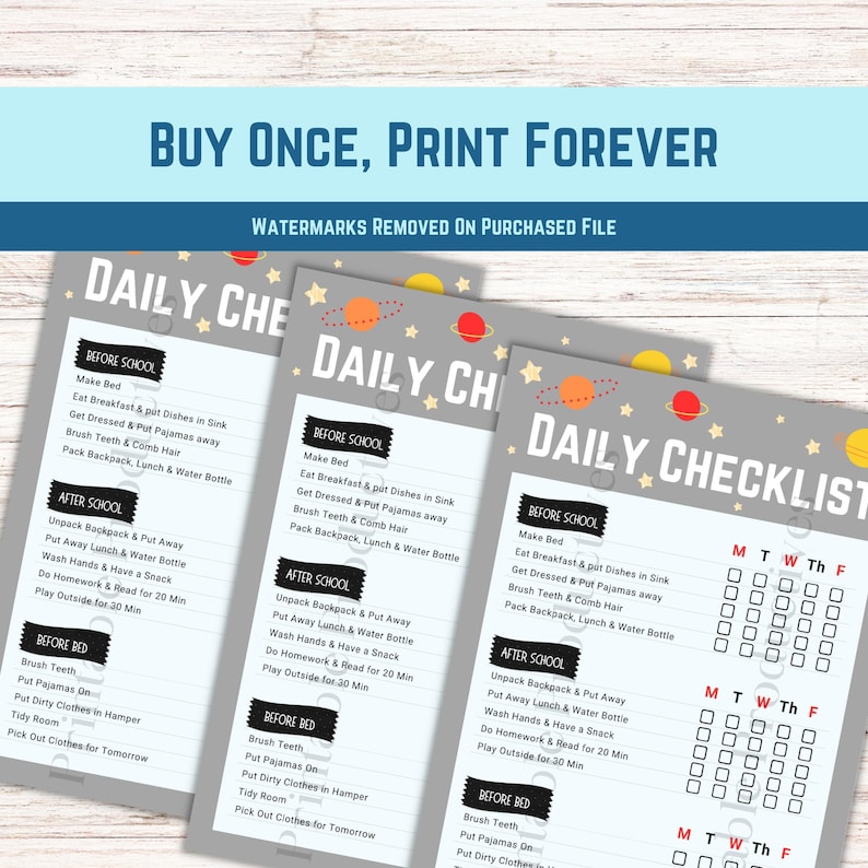 Kids Daily Checklist Printable, Outer Space Daily Schedule, Kids ...