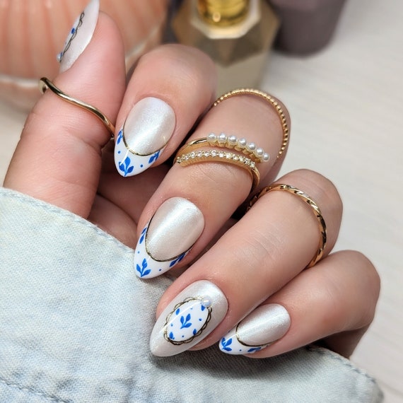 Nail Press on Short Blue White Handmade Gel Nail Press Ons Almond Handpainted Luxury Press on Nails Lococo Inspired Pearl Nail Art Design Etsy