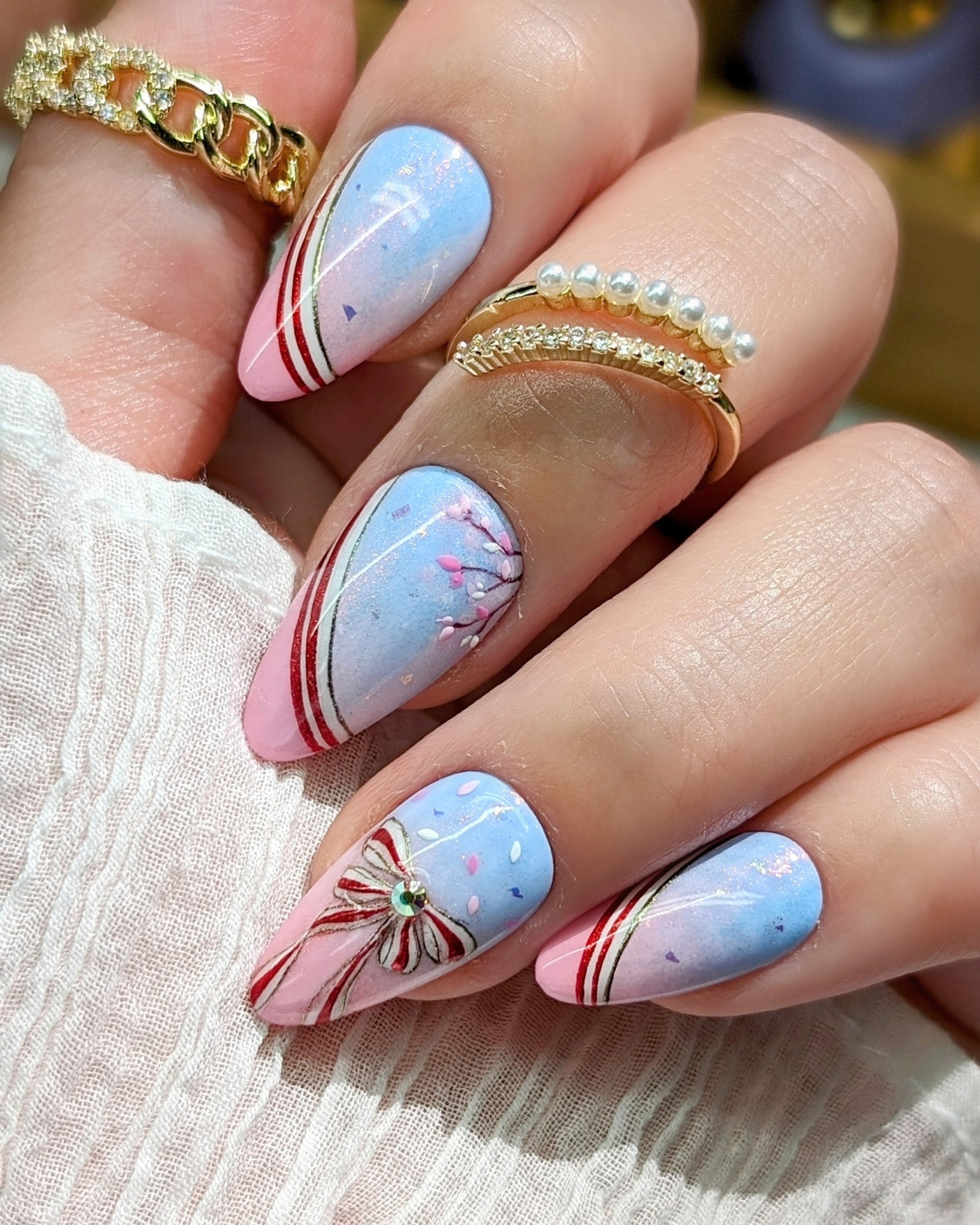 Handmade Presson Nail Short Custom Press on Nail Sakura Inspired Cherry ...
