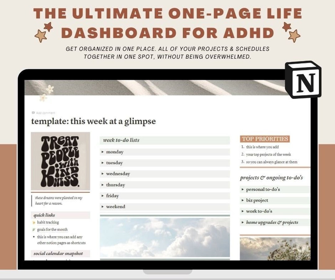 The Ultimate One-page Work + Life Dashboard: ADHD Friendly, Notion ...