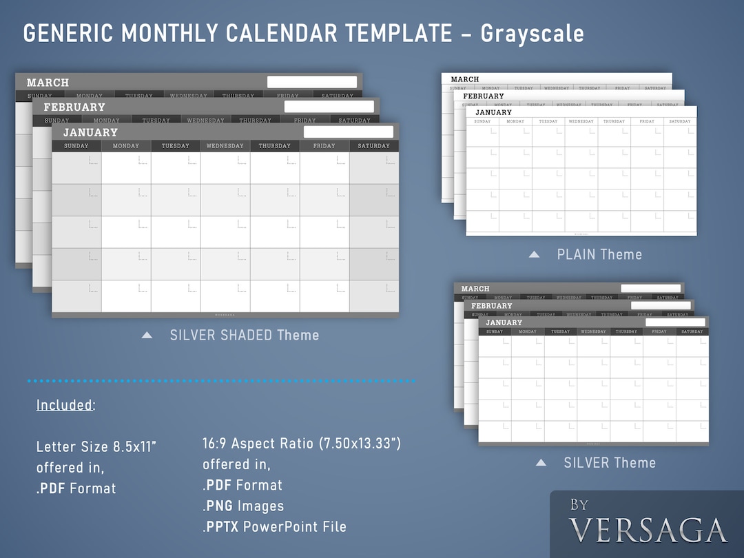 Generic Monthly Calendar Template - Grayscale - Etsy