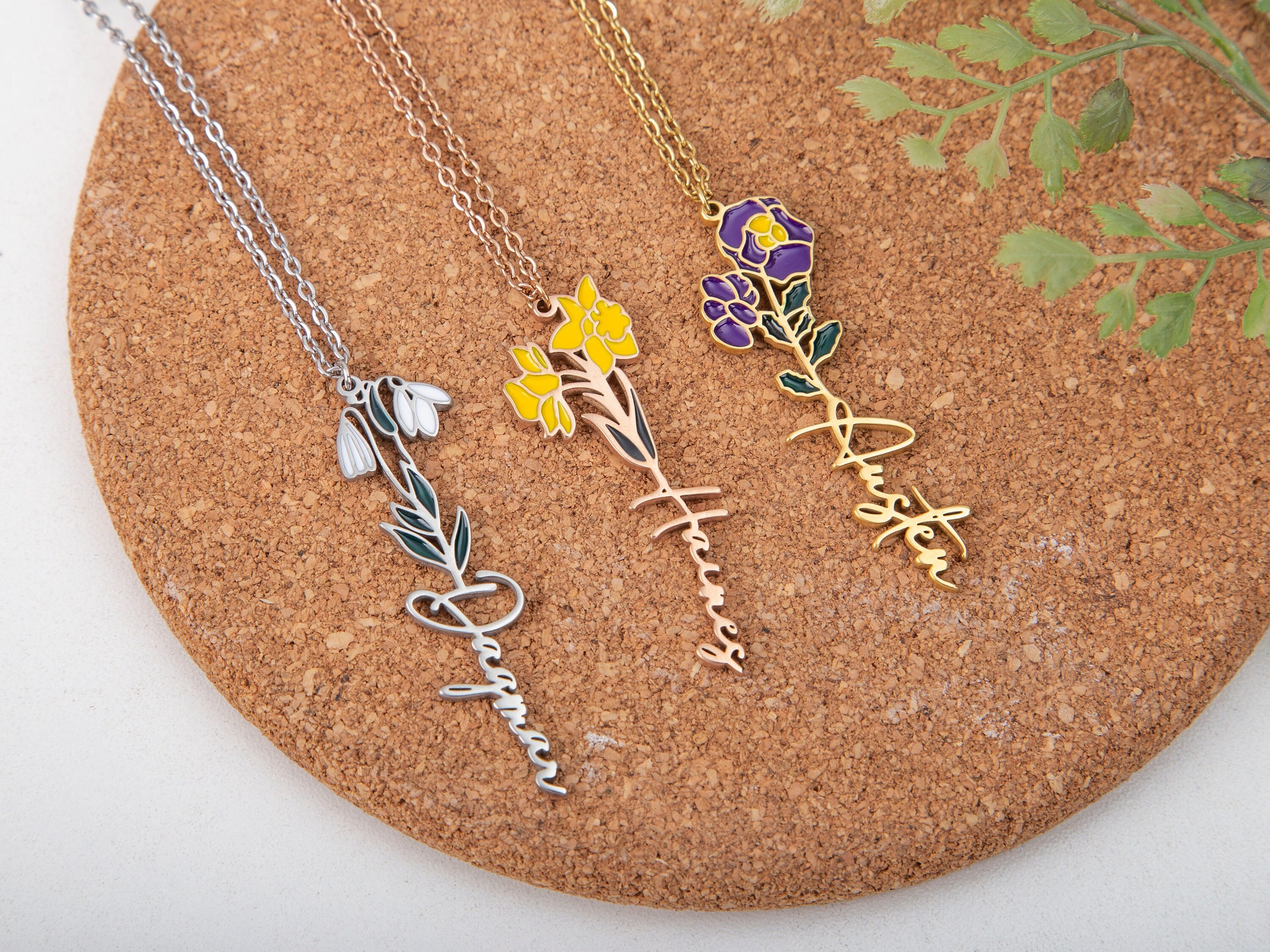 Birth Flower Necklace With Name Floral Name Necklace - Etsy