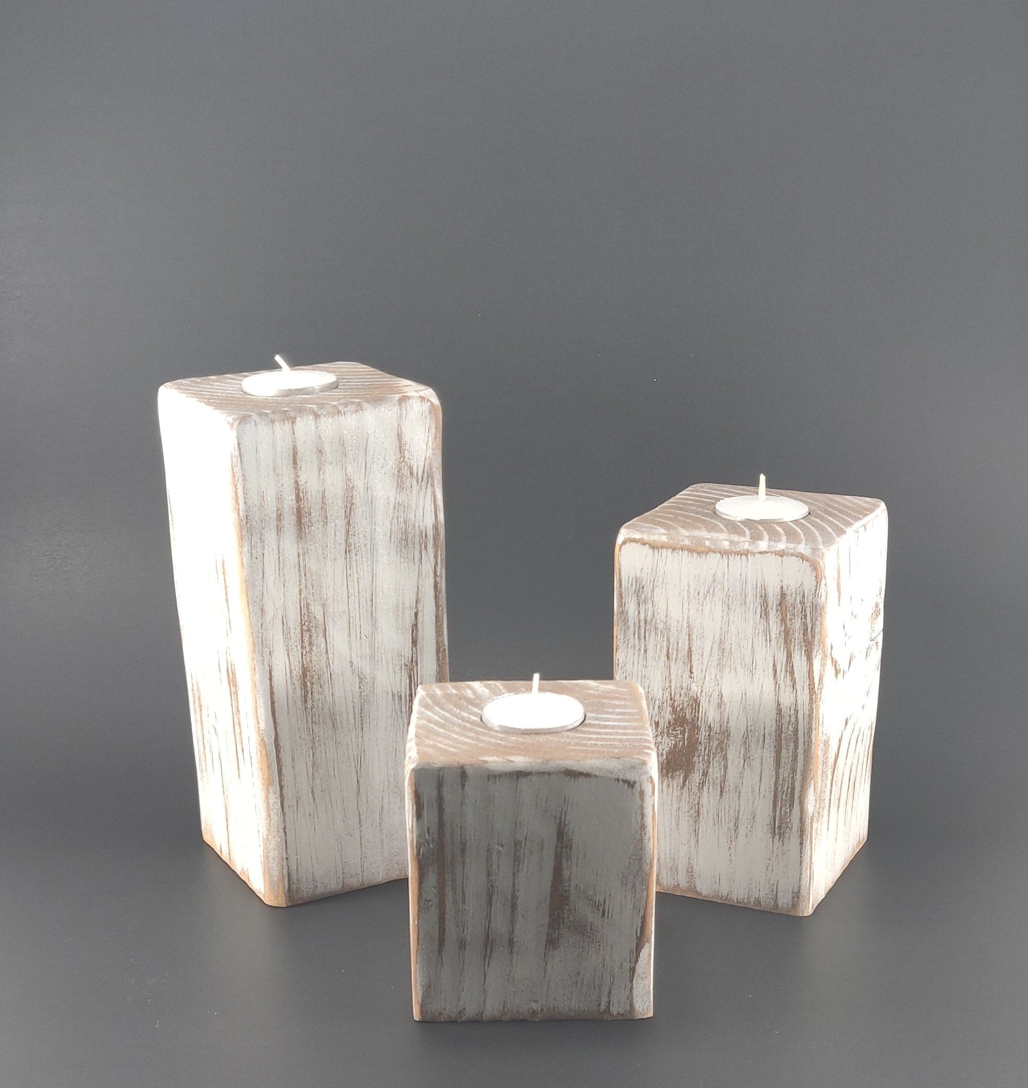 Weathered White Wooden Tea Light Candle Holders. Set Includes 3 ...