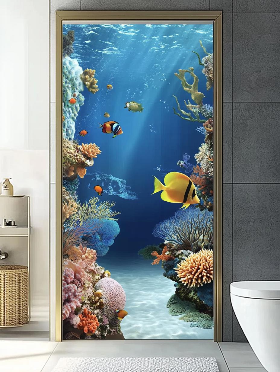 Custom Size Ocean-themed Bathroom Door Privacy Film Underwater Coral ...