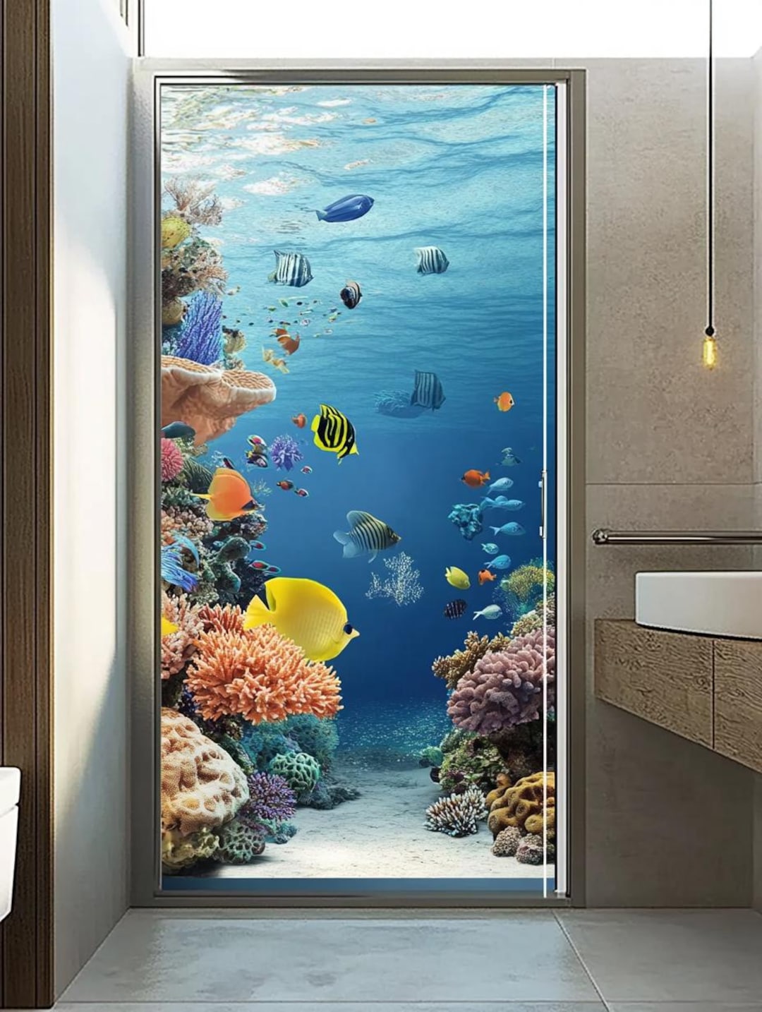 Custom Size Ocean-themed Bathroom Door Privacy Film Underwater Coral ...