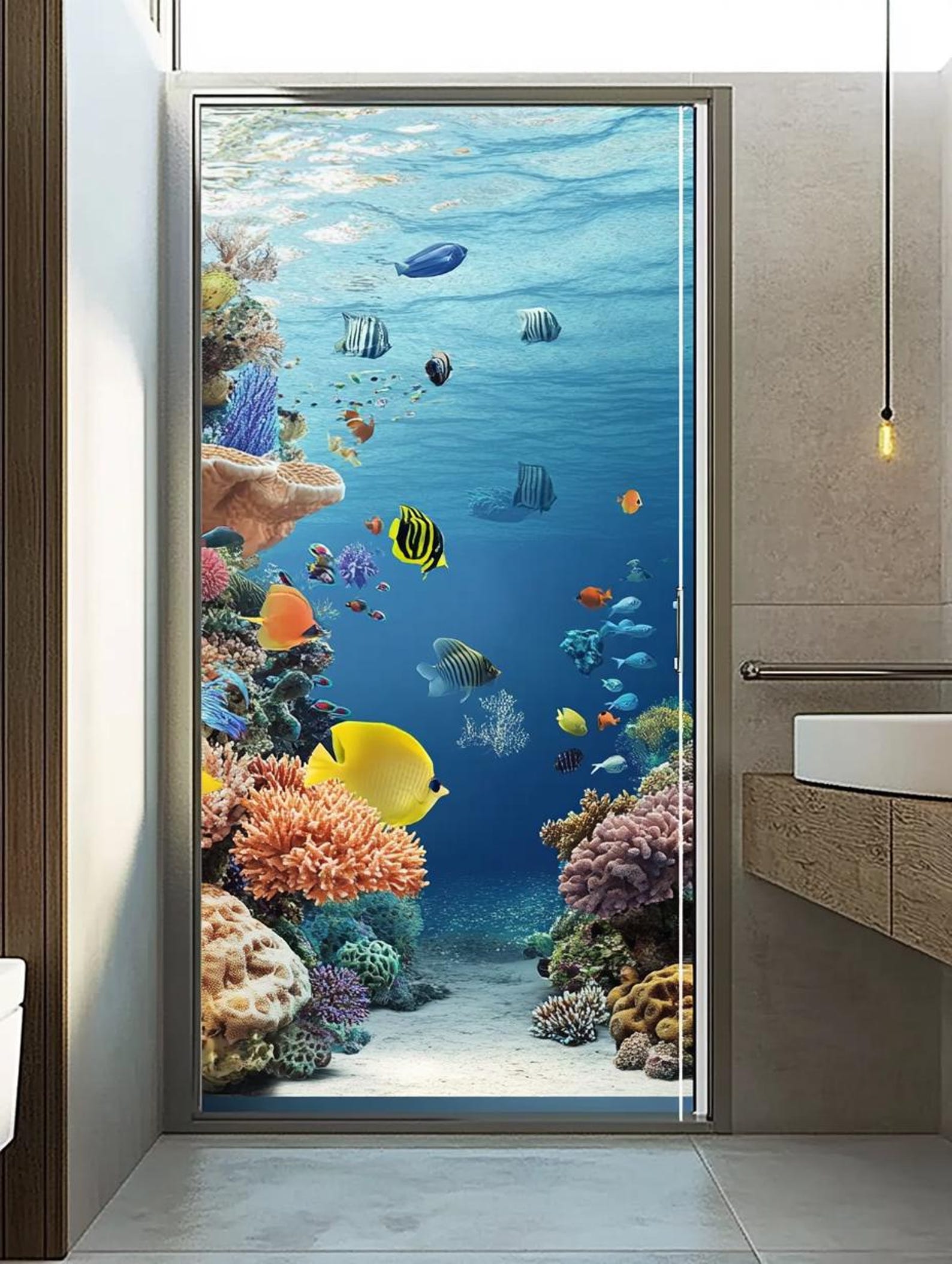Custom Size Ocean-themed Bathroom Door Privacy Film Underwater Coral ...