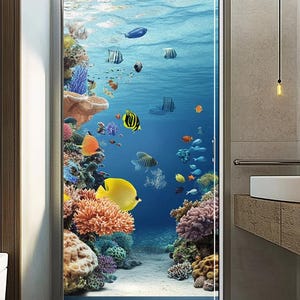 Custom Size Ocean-themed Bathroom Door Privacy Film Underwater Coral ...