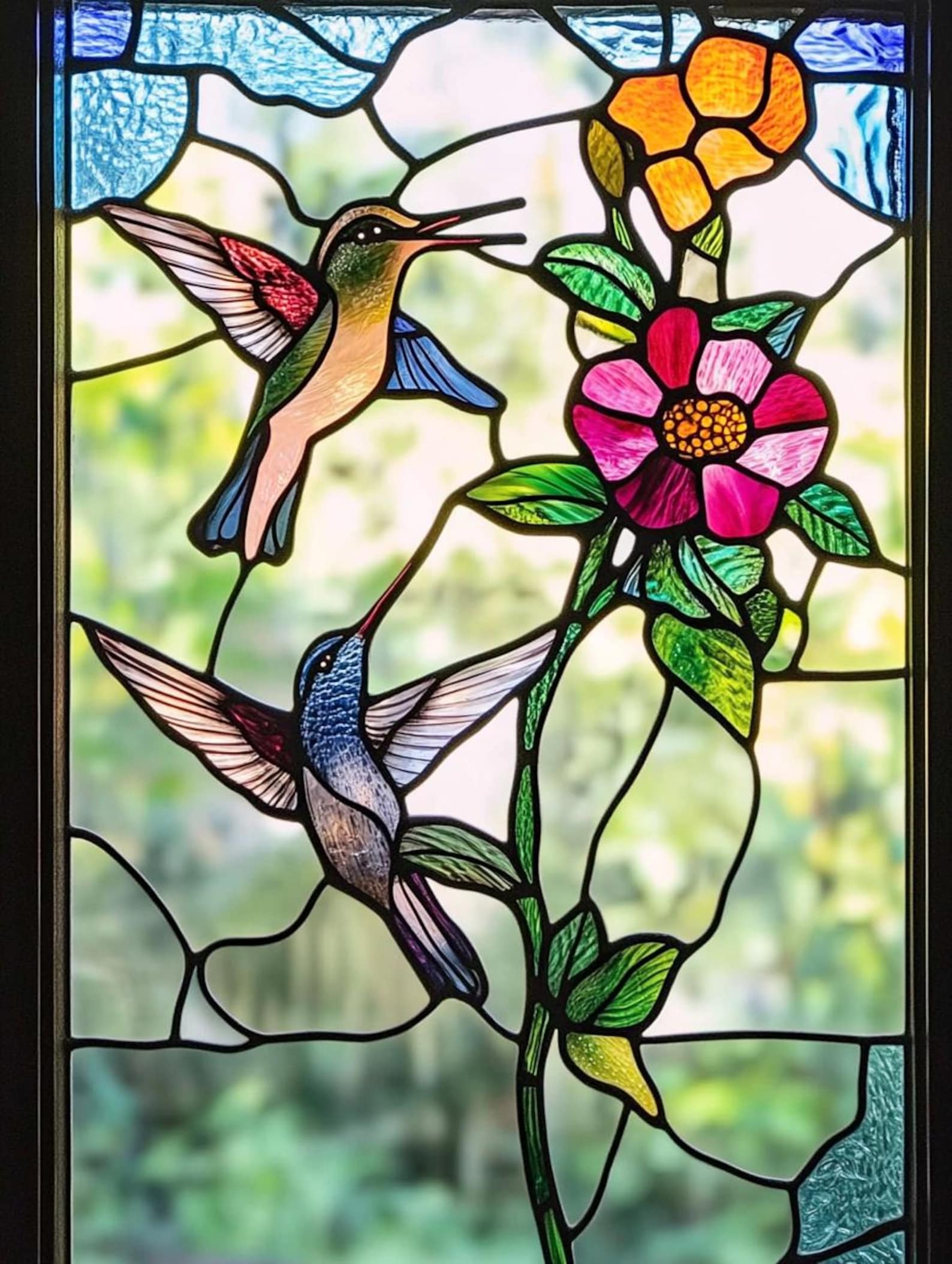 Custom Size Elegant Hummingbird Flower Window Film Stained Glass ...