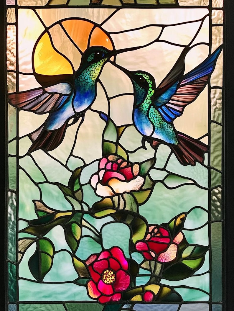Custom Size Elegant Hummingbird Flower Window Film Stained Glass ...