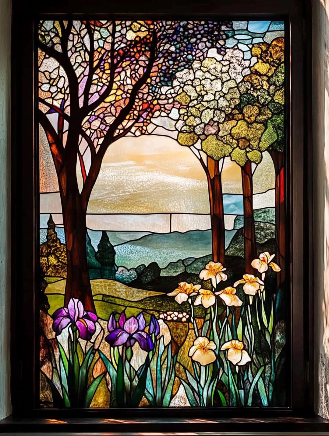 Custom Size Decorative Stained Glass Vinyl With Countryside Scenery and ...