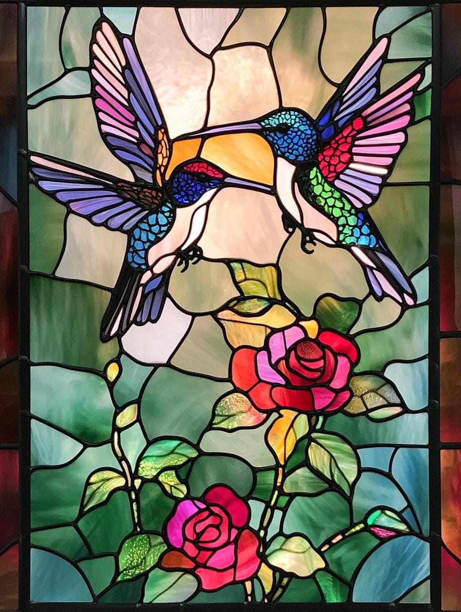 Custom Size Elegant Hummingbird Flower Window Film Stained Glass ...