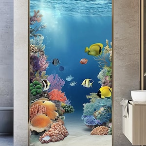 Custom Size Ocean-themed Bathroom Door Privacy Film Underwater Coral ...