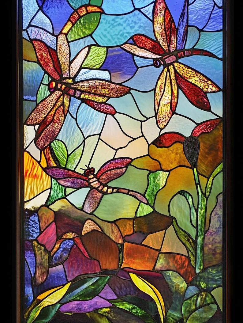 Custom Size Dragonfly Stained Glass Window Decal Lush Greenery Colorful ...