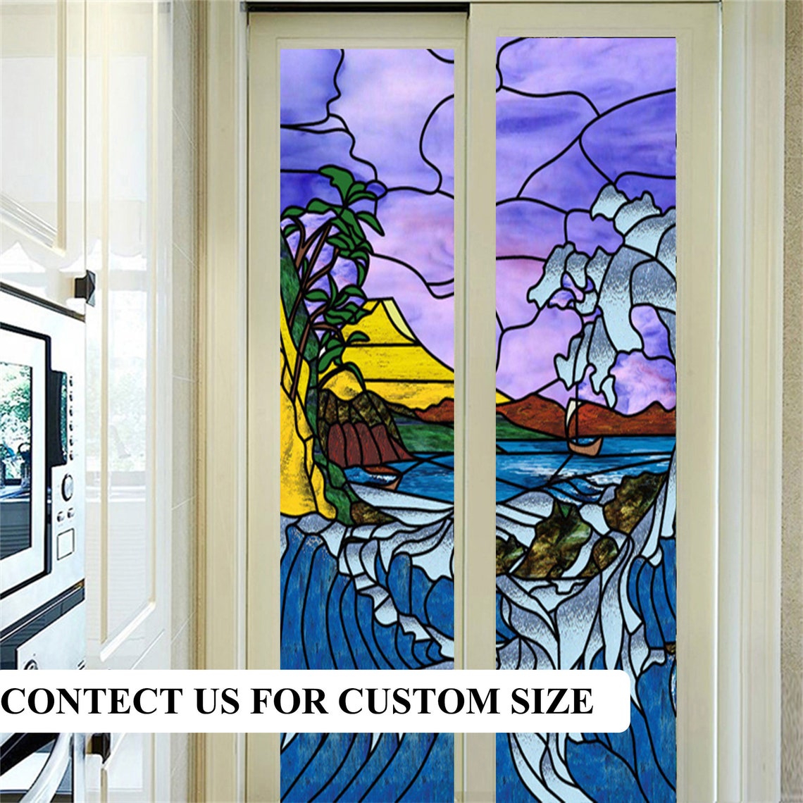 Stained Glass Custom Size Window Film Frosted Vivid Floral Trees Glass ...