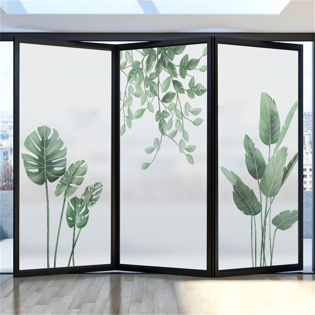 Customize Frosted Window Film Minimalist Green Leaves Natural Bathroom ...