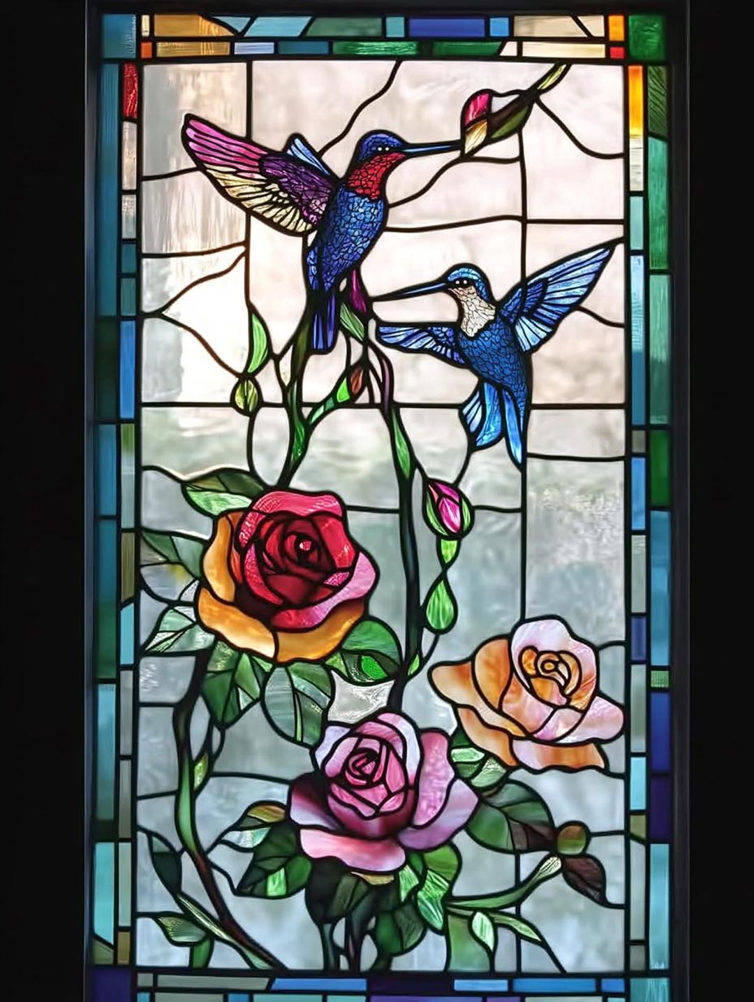 Custom Size Colorful Stained Glass Window Film Lifelike Hummingbirds ...