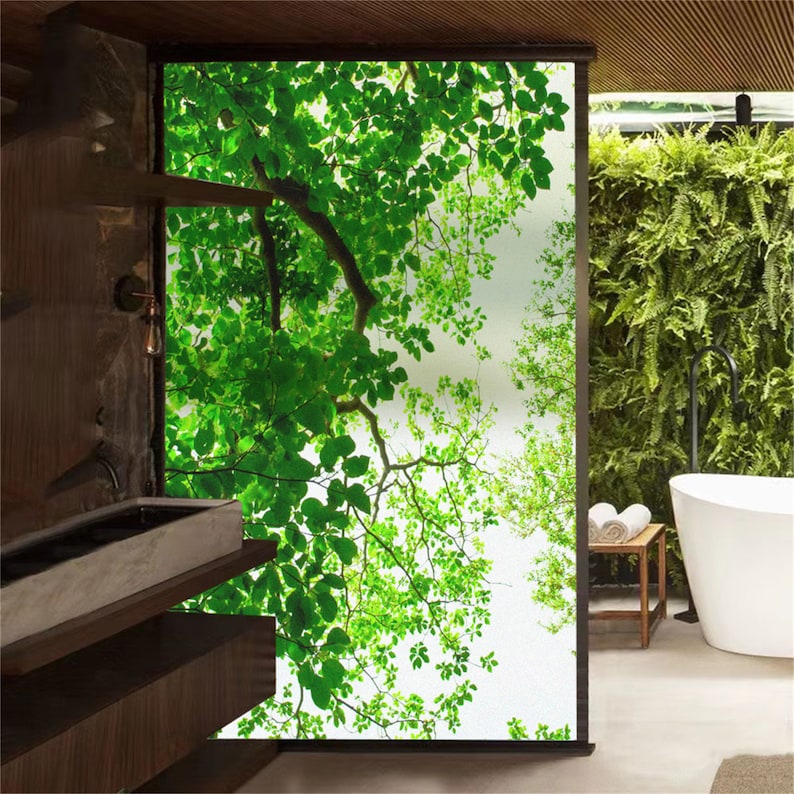 Customized Frosted Window Film Nature Green Tree Leaves Glass Sticker ...