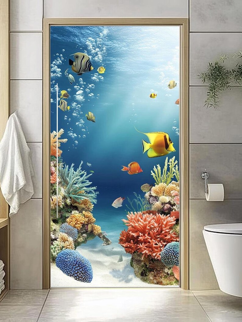 Custom Size Ocean-themed Bathroom Door Privacy Film Underwater Coral ...