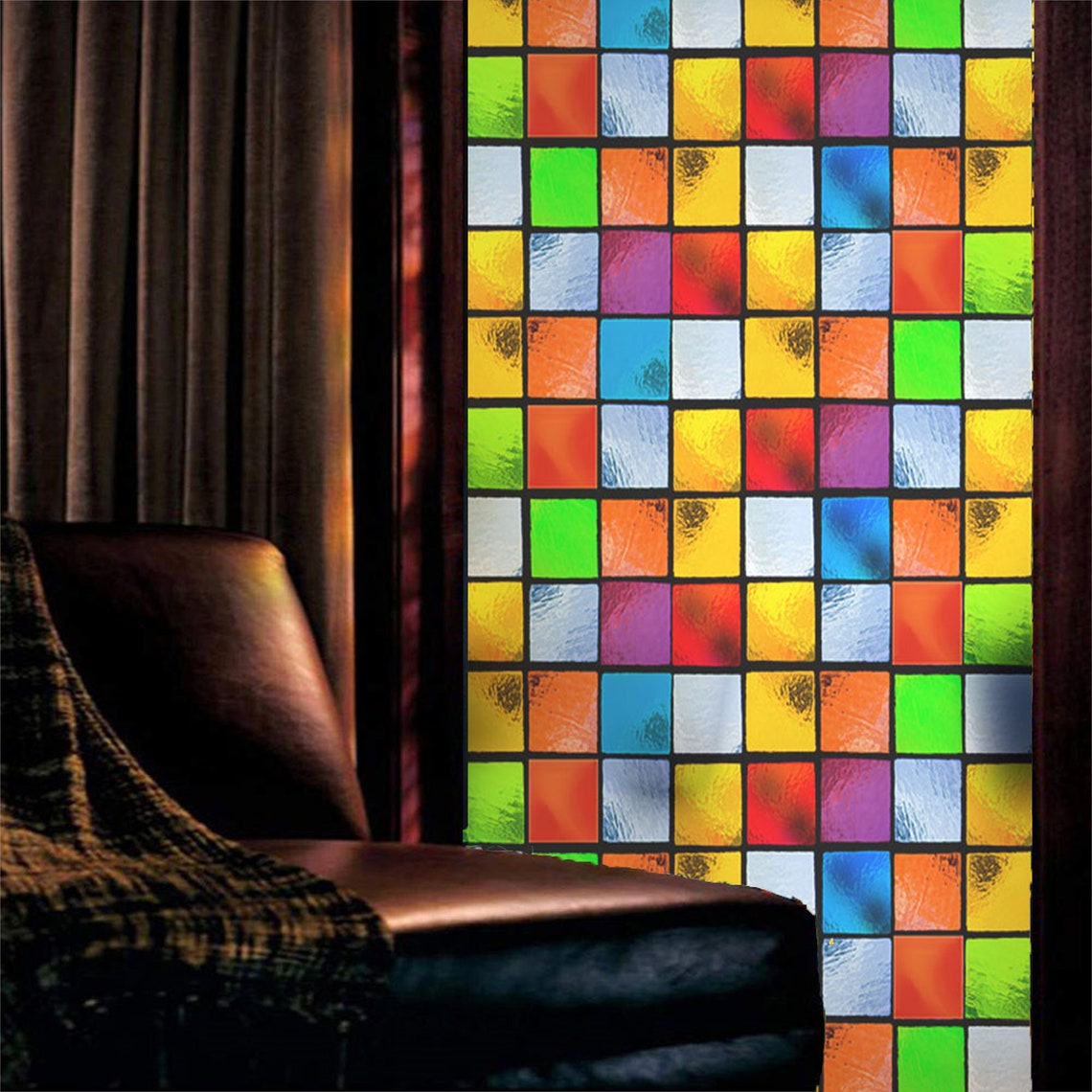 Frosted Custom Size Vinly Window Film Frosted Mosaic Colorful Blocks ...