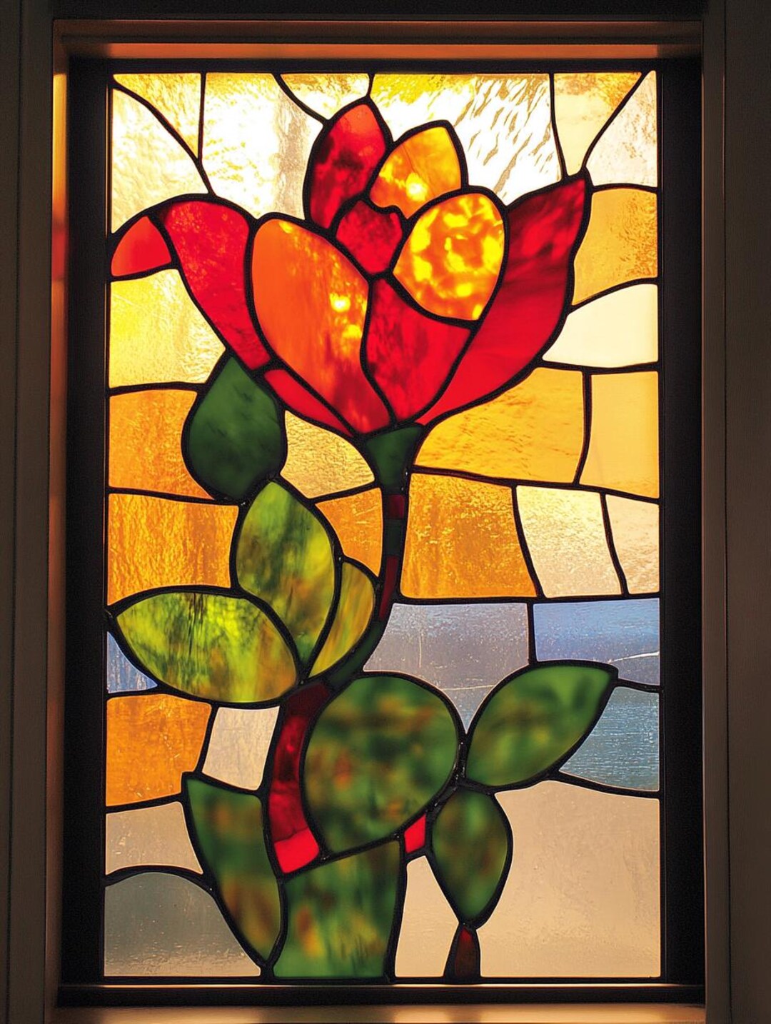 Custom Size Sunset Rose Window Cling Warm Yellow and Red Flower Stained ...