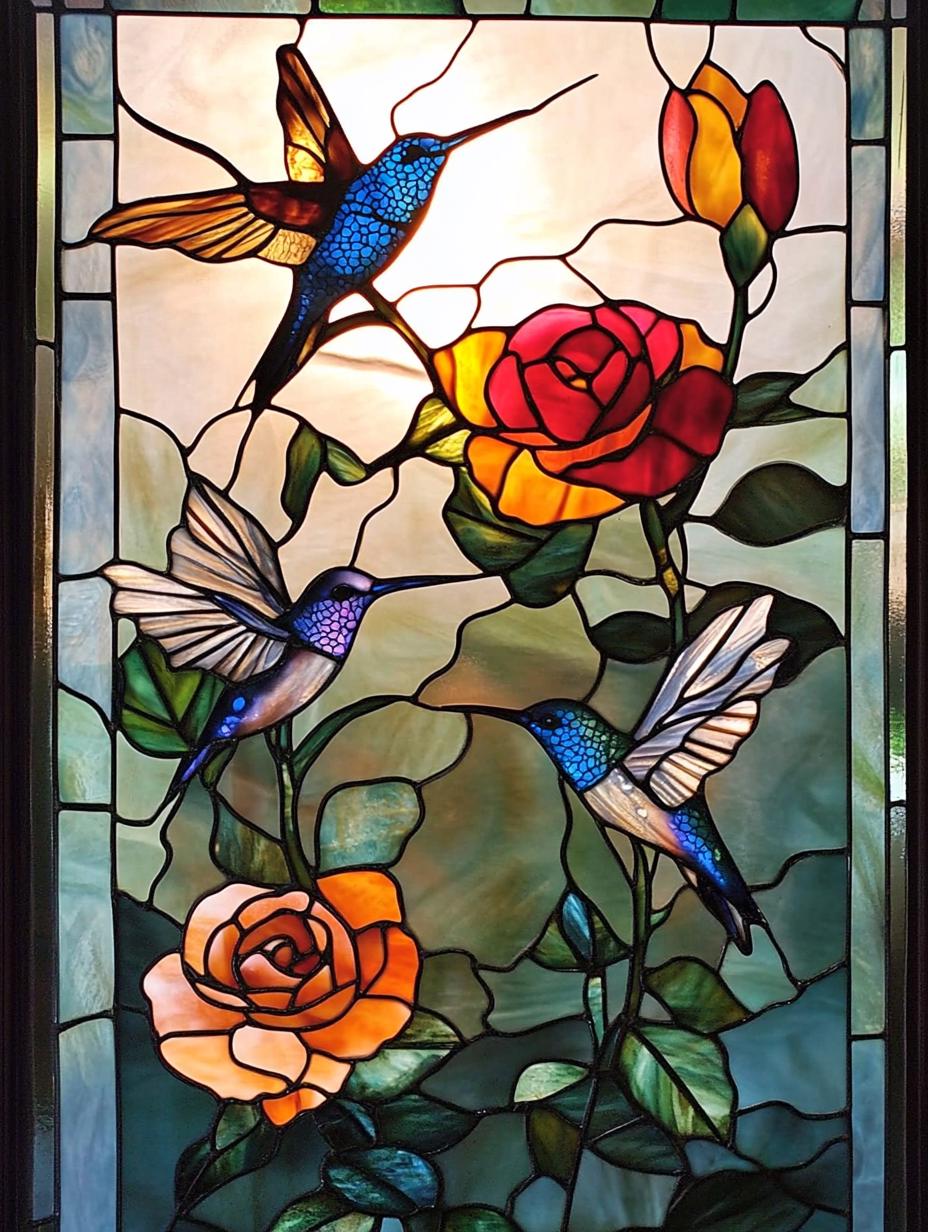 Custom Size Elegant Hummingbird Flower Window Film Stained Glass ...