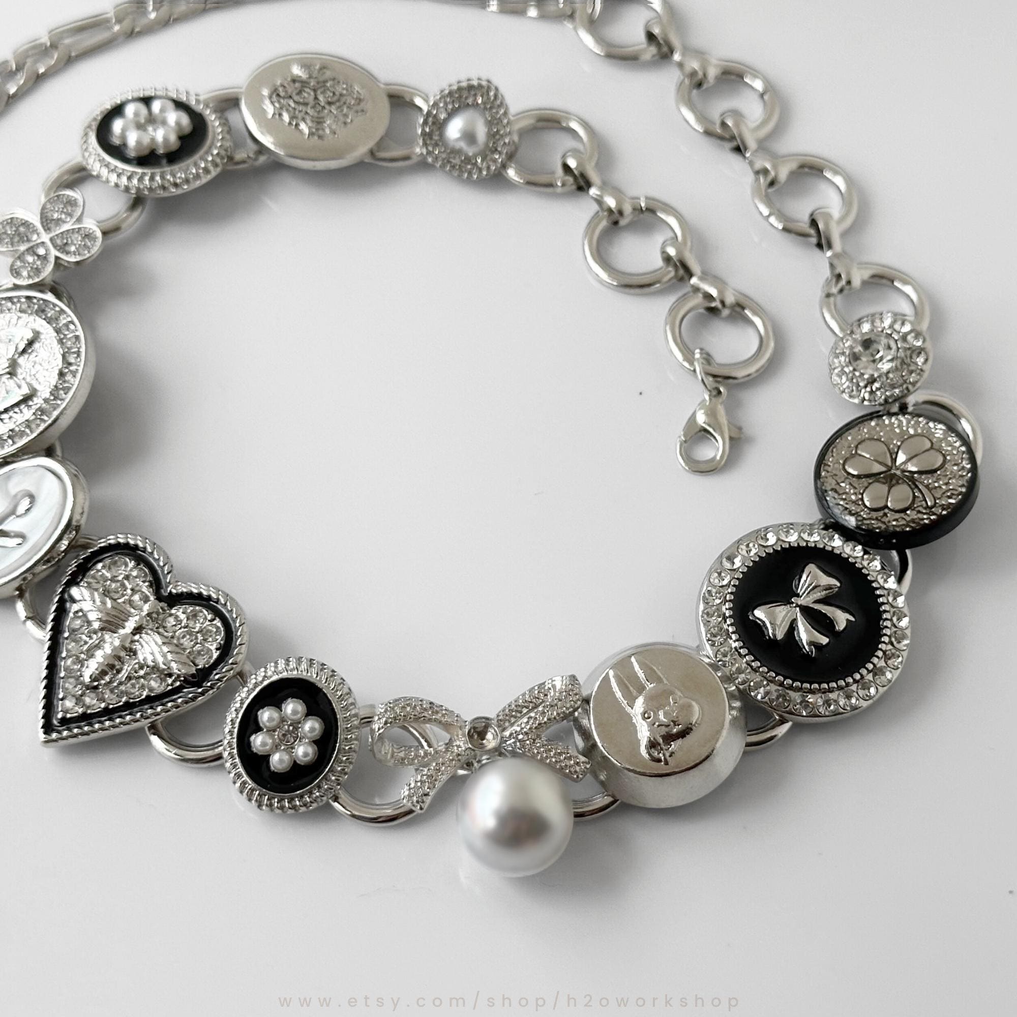 Vintage-inspired Baroque Choker – Silver & Black Button Charm Necklace ...
