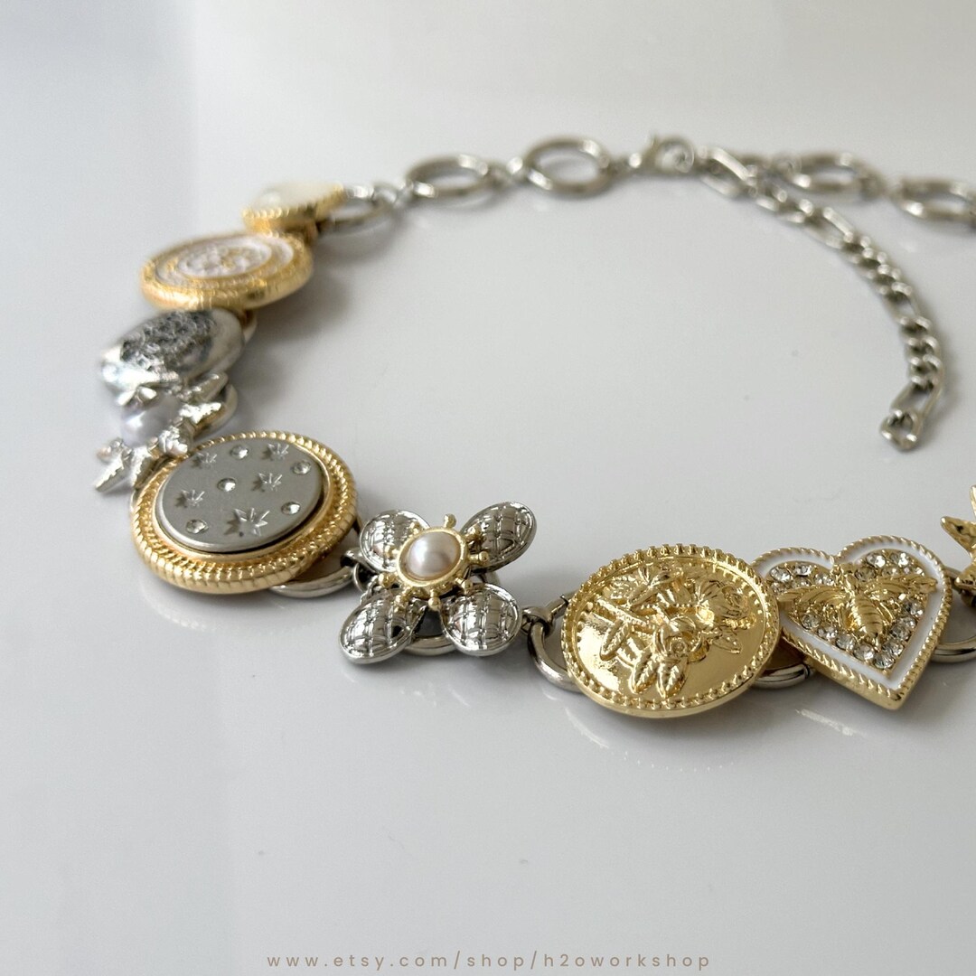 Vintage-inspired Gold & Silver Button Choker, Baroque Pearl Statement ...