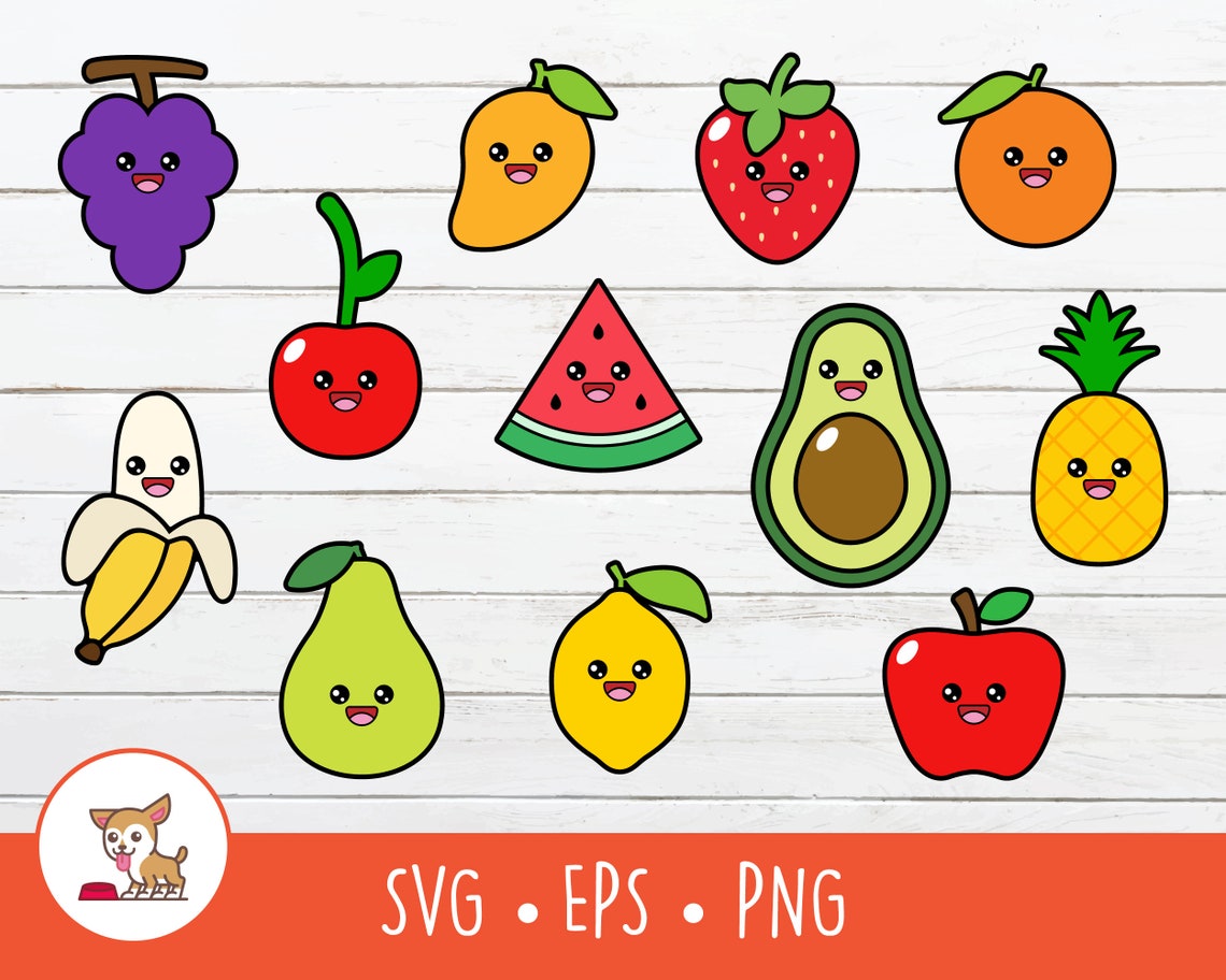 Kawaii Fruits SVG, Kawaii Fruits Clipart Bundle, Vector Fruits Cut File ...