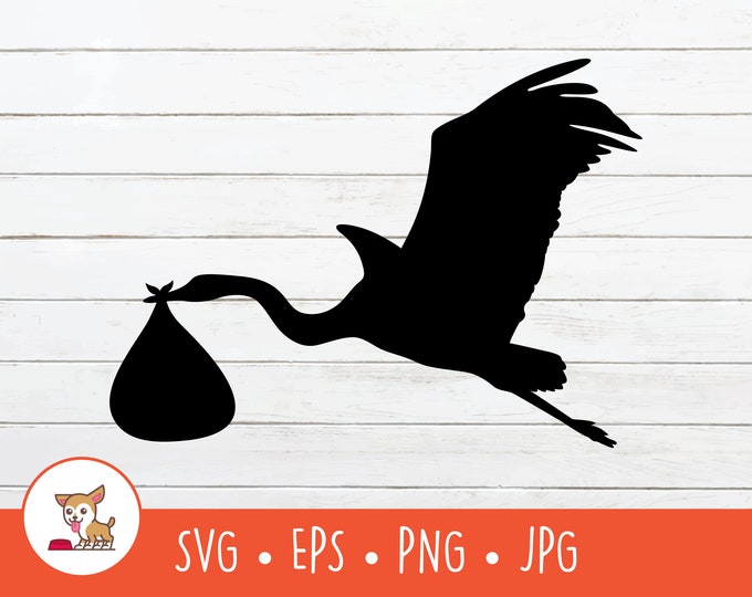 Stork Clipart, Baby on the Way SVG, Baby and Stork Silhouette, Stork ...