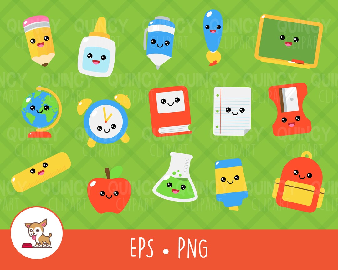 Kawaii School Supplies Clipart, Vector School Supplies Cut File for ...