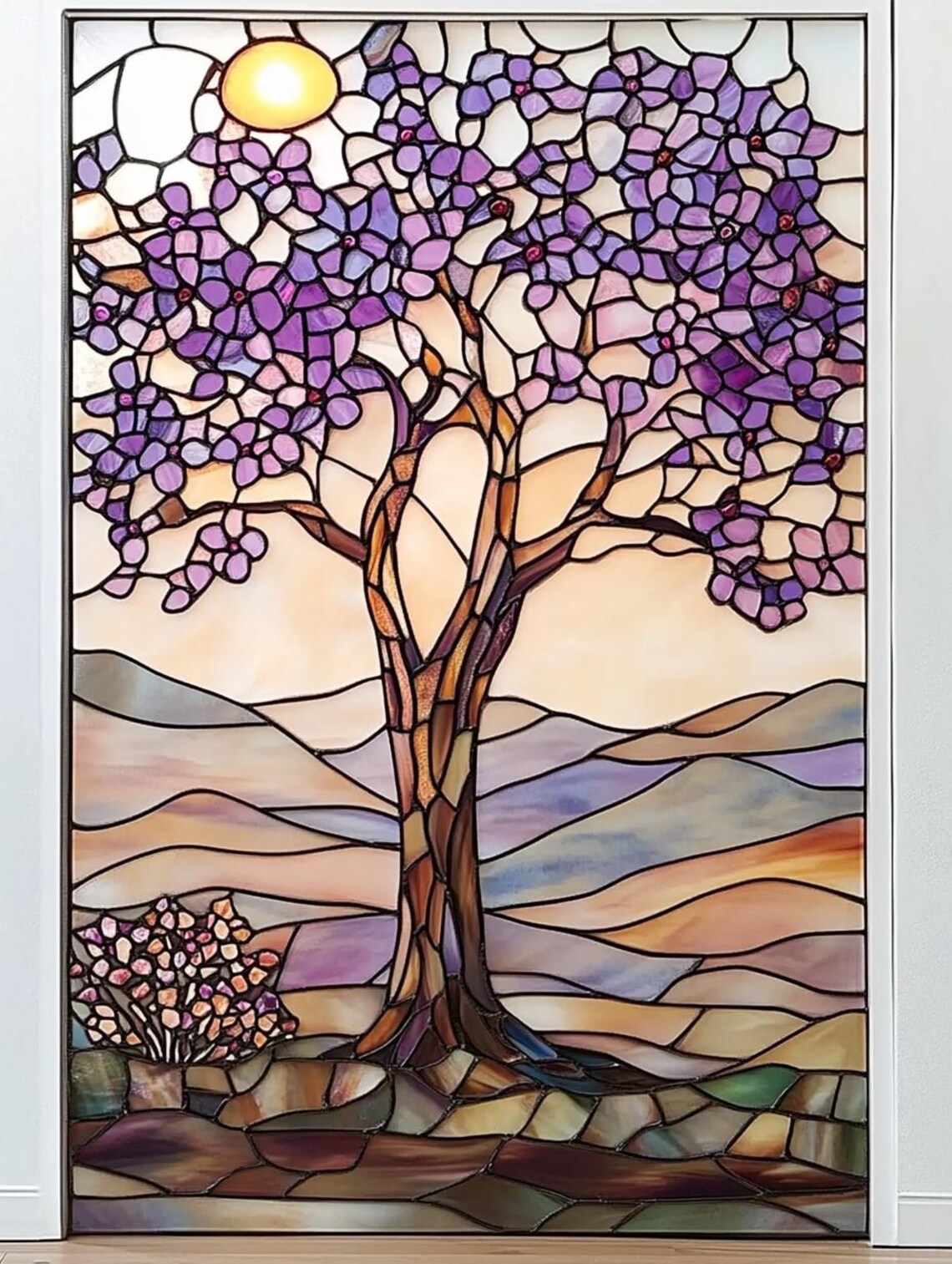 Custom Size Purple Bloom Tree Stained Glass Window Film Scenic Sunset ...