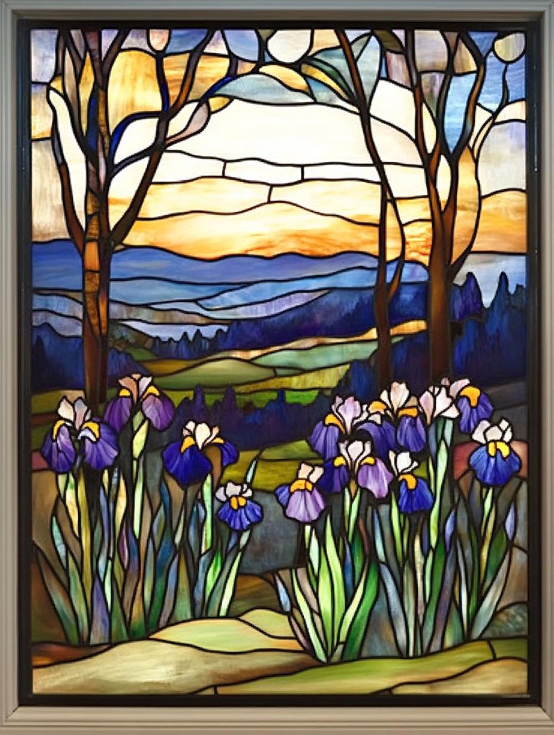 Custom Size Sunset Over the Lake Stained Glass Window Film Serene Tree ...