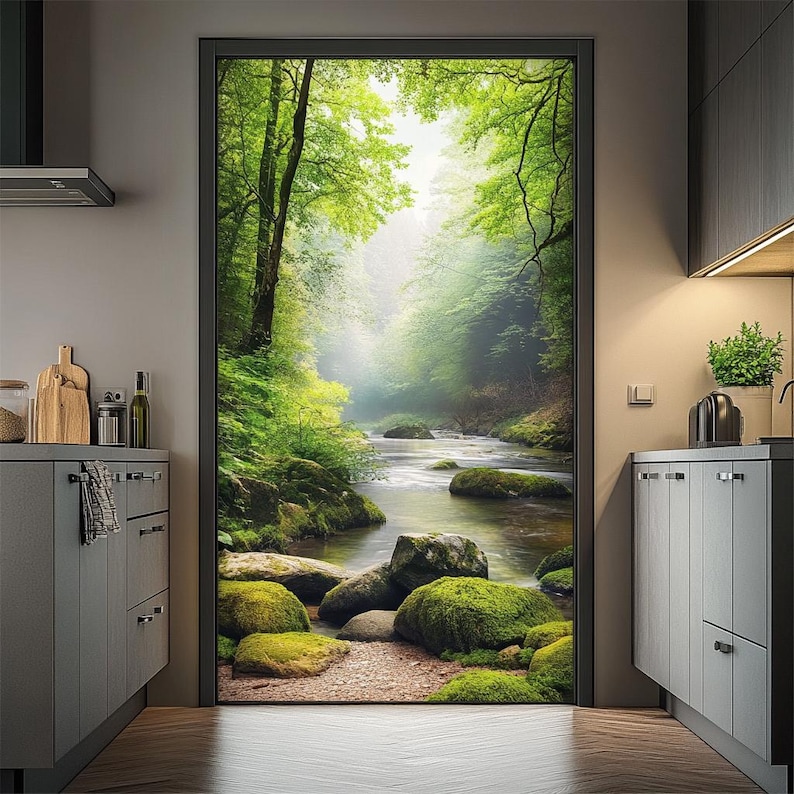 Custom Size Serene Nature Static Cling Window Film Green Forest River ...