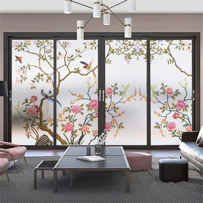 Custom Size Stained Glass Window Film Static Cling Privacy Flowers and ...