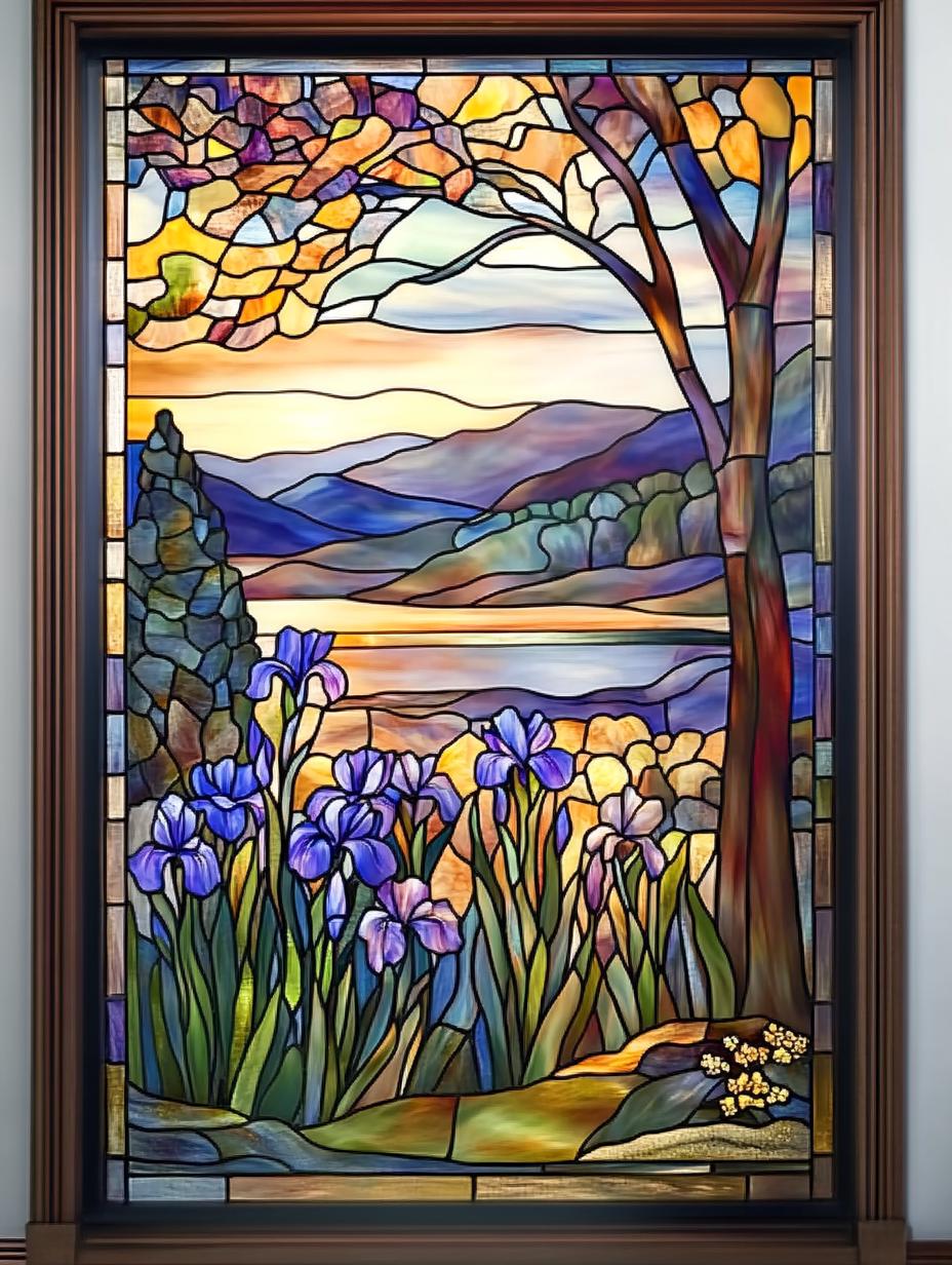 Custom Size Sunset Over the Lake Stained Glass Window Film Serene Tree ...