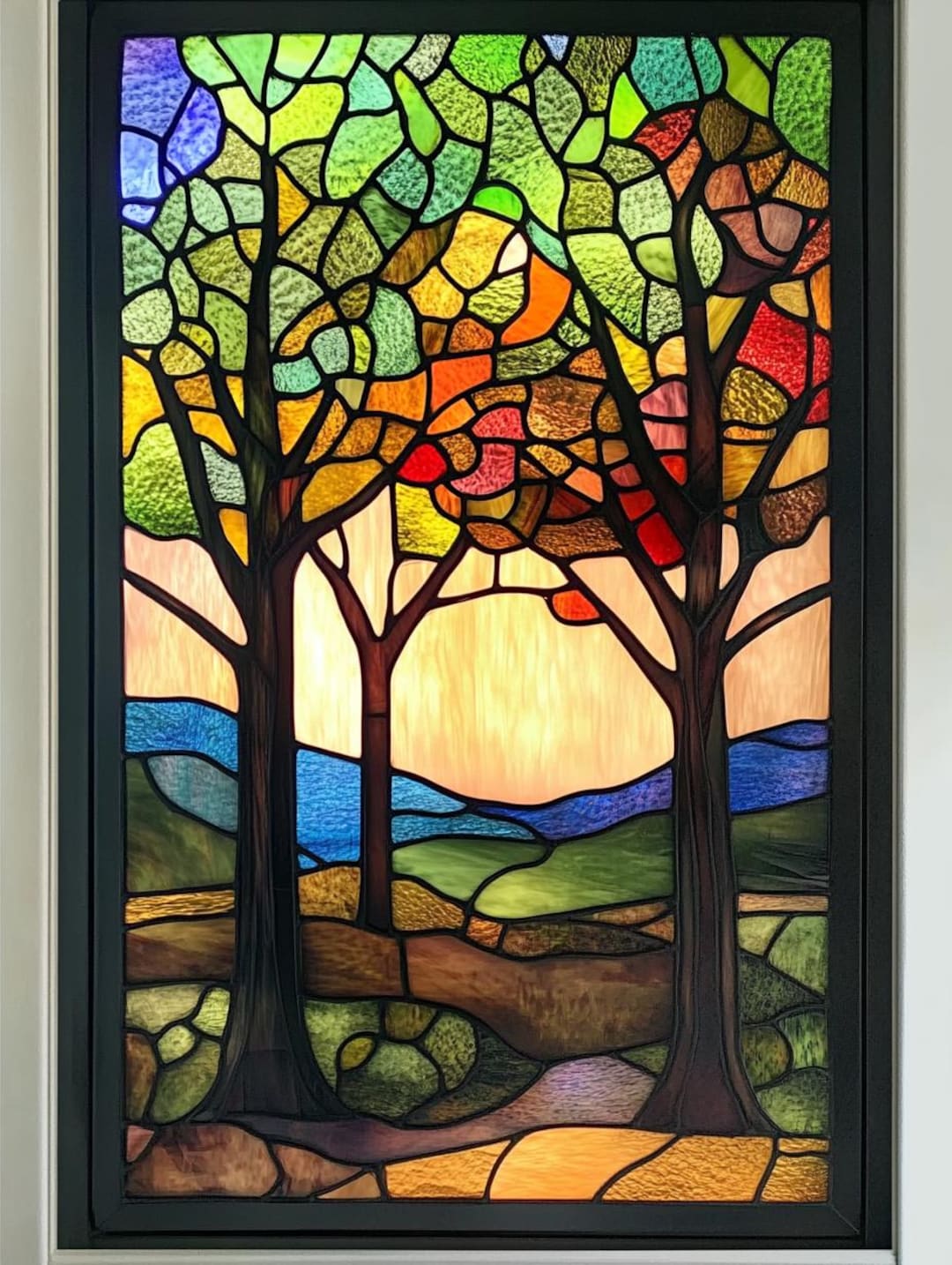 Custom Size Autumn Tree Stained Glass Window Film – Warm Sunset ...