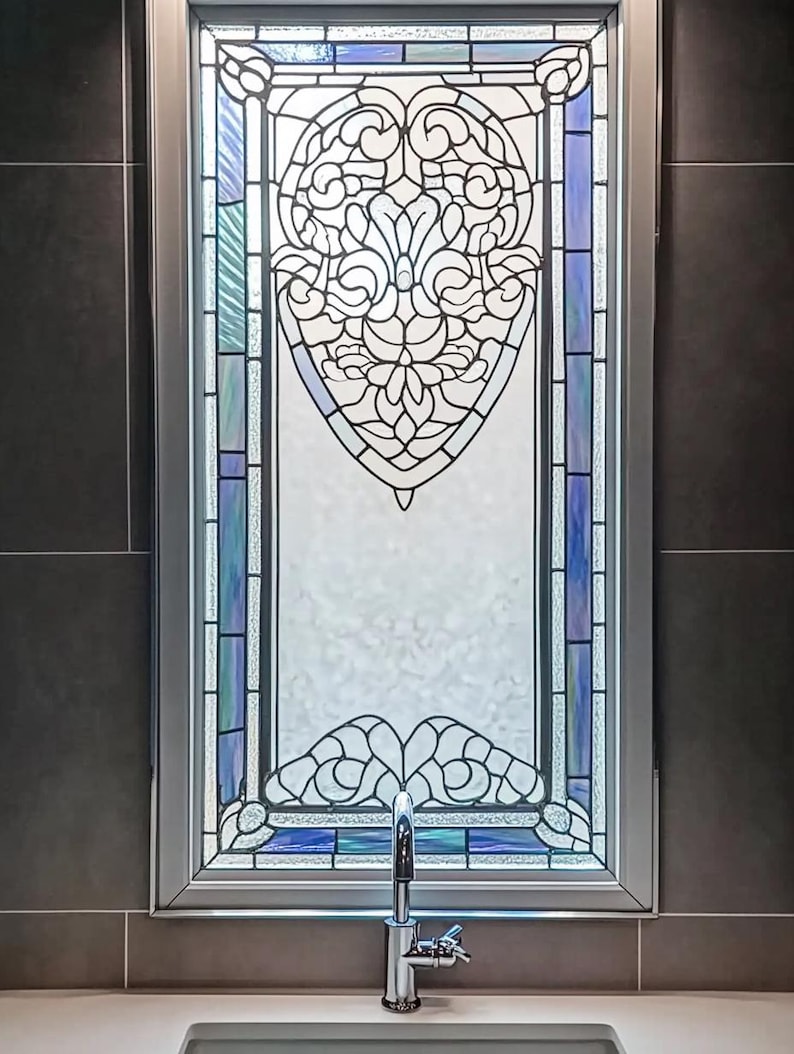Custom Size Stained Glass Privacy Window Panel Elegant Blue and White ...