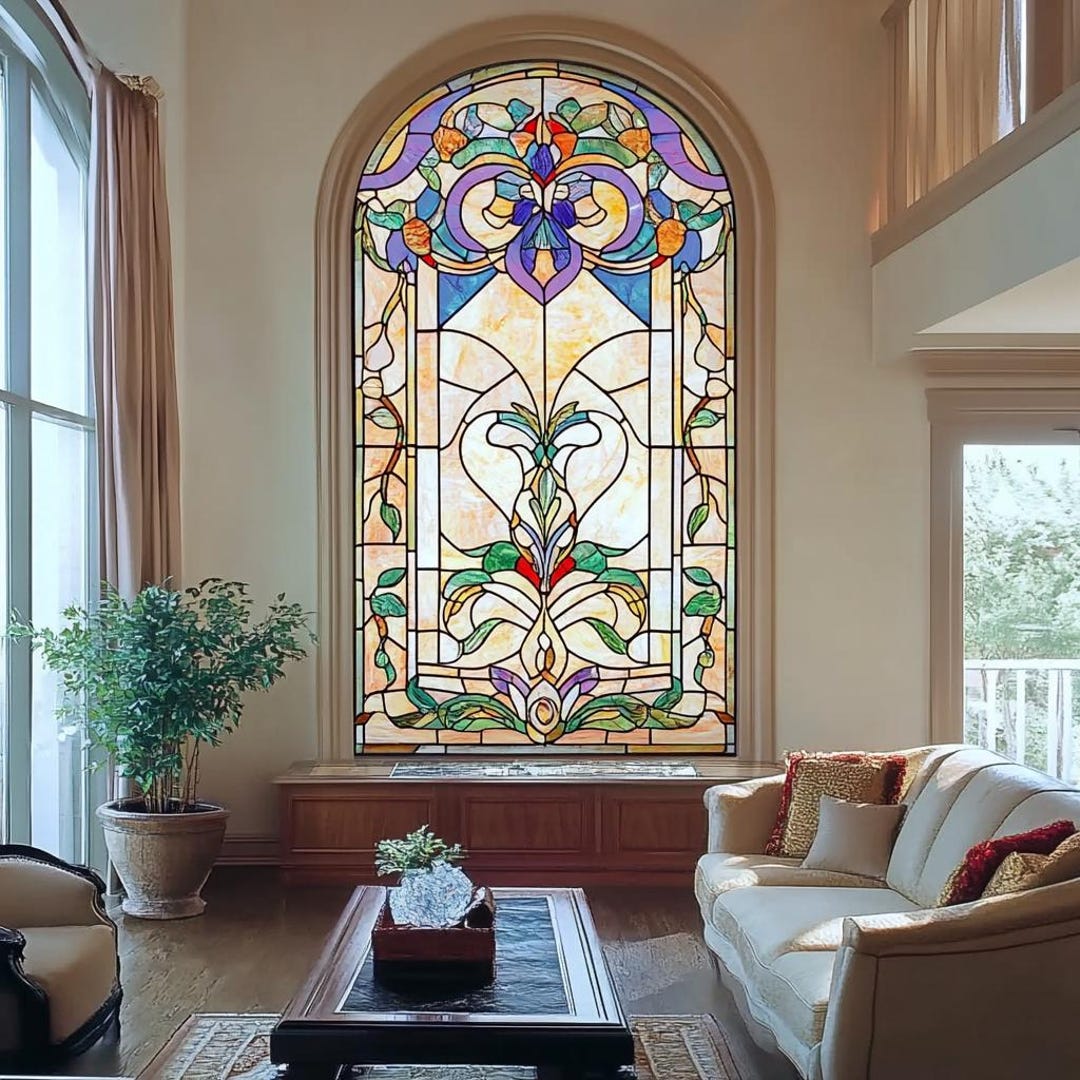 Custom Size Stained Glass Window Film With Colorful Floral Design ...