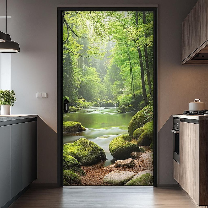 Custom Size Serene Nature Static Cling Window Film Green Forest River ...