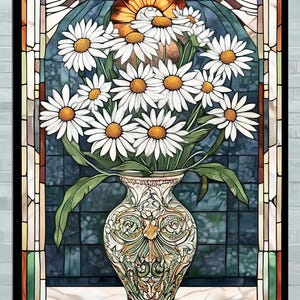 Custom Size Daisy Stained Glass Window Film Elegant Floral Vase Design ...