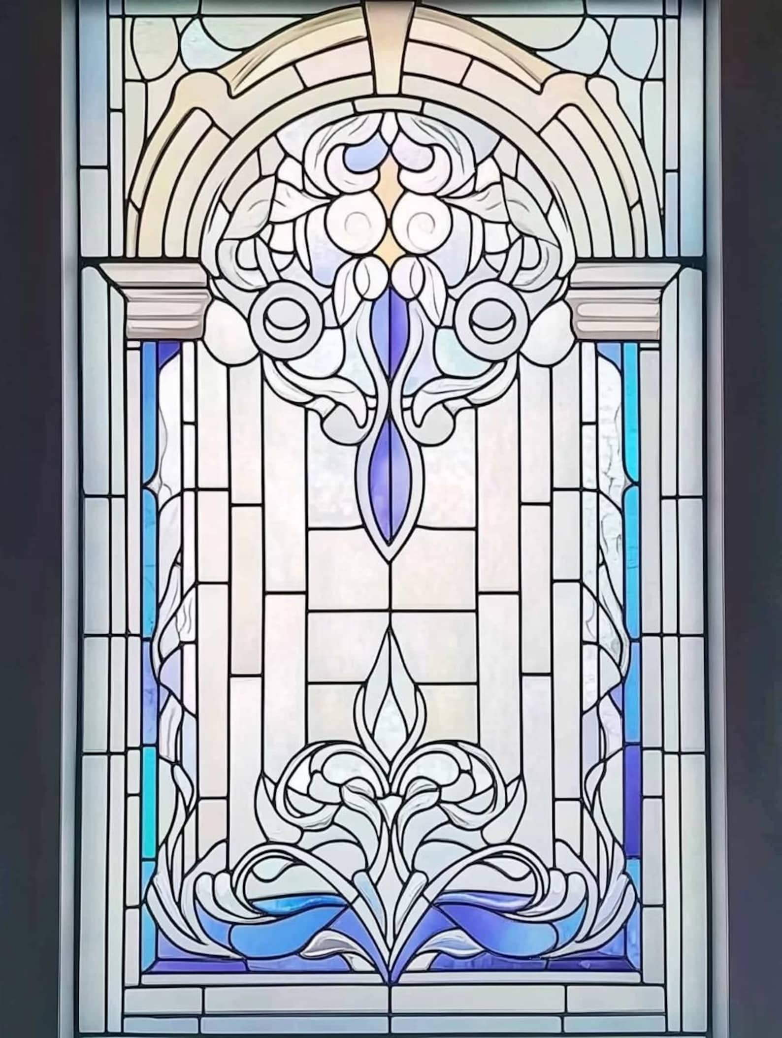Custom Size Stained Glass Privacy Window Panel Elegant Blue and White ...