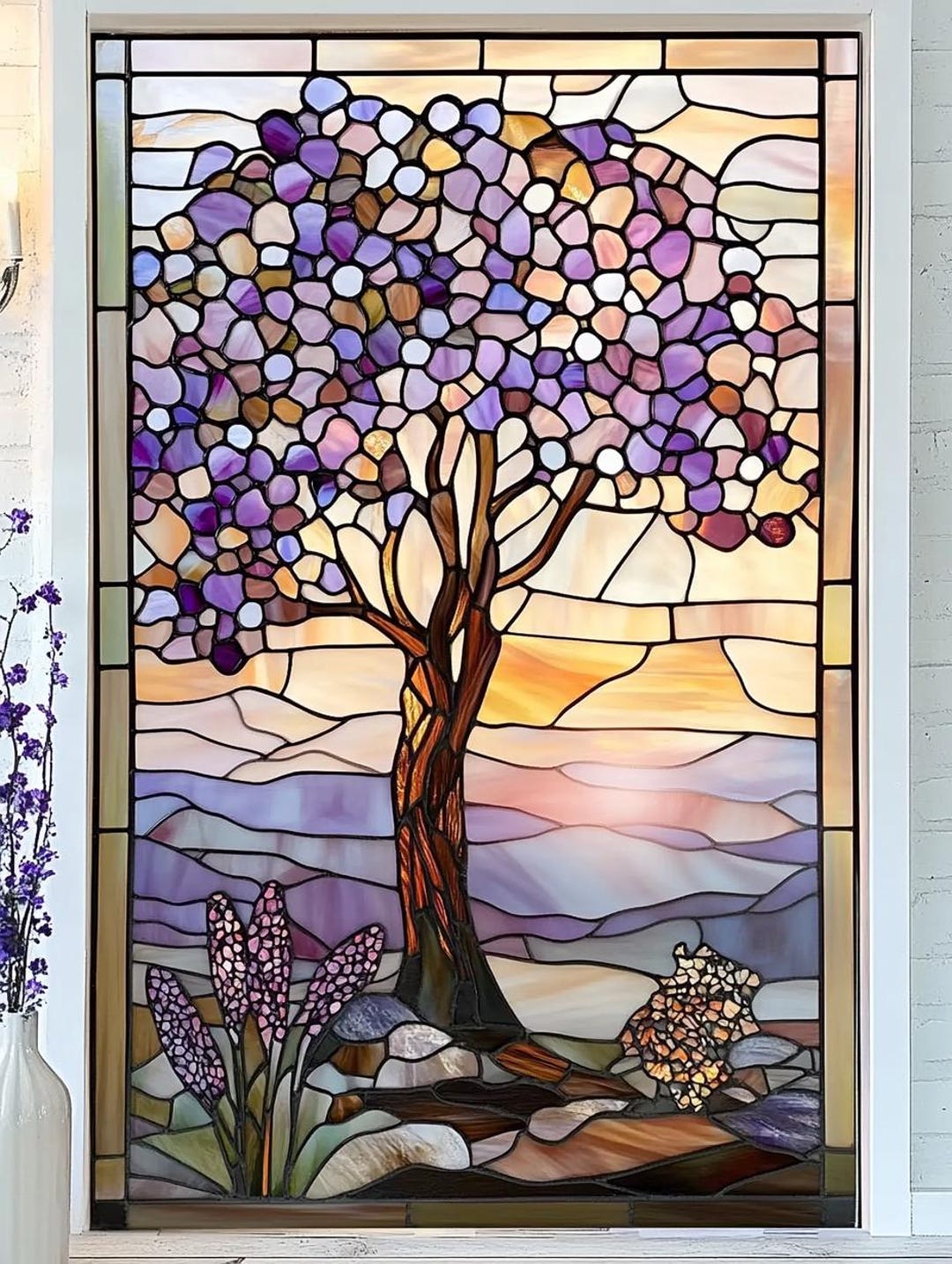 Custom Size Purple Bloom Tree Stained Glass Window Film Scenic Sunset ...