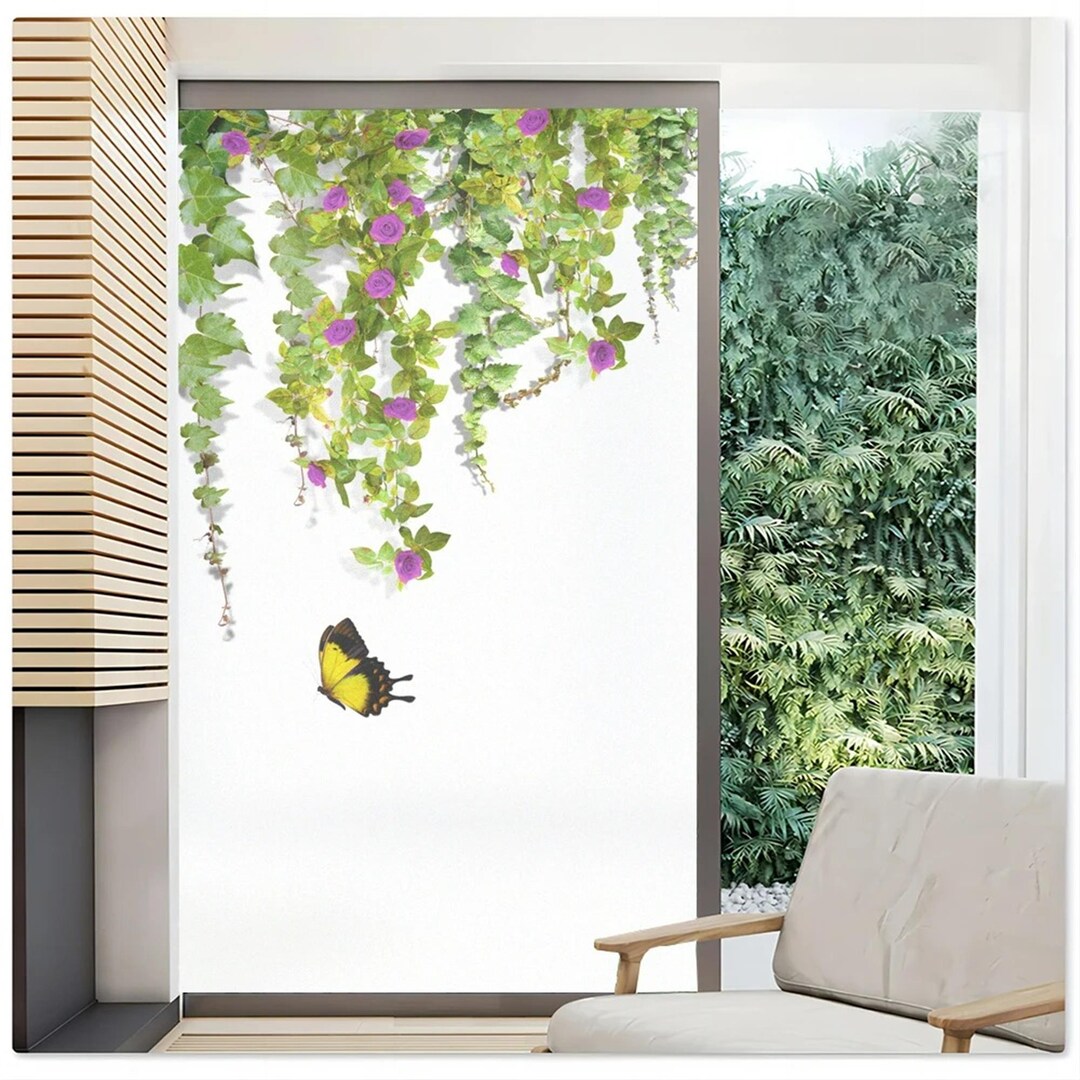 Custom Size Green Vine Flower Pattern Privacy Window Film Glue-free ...