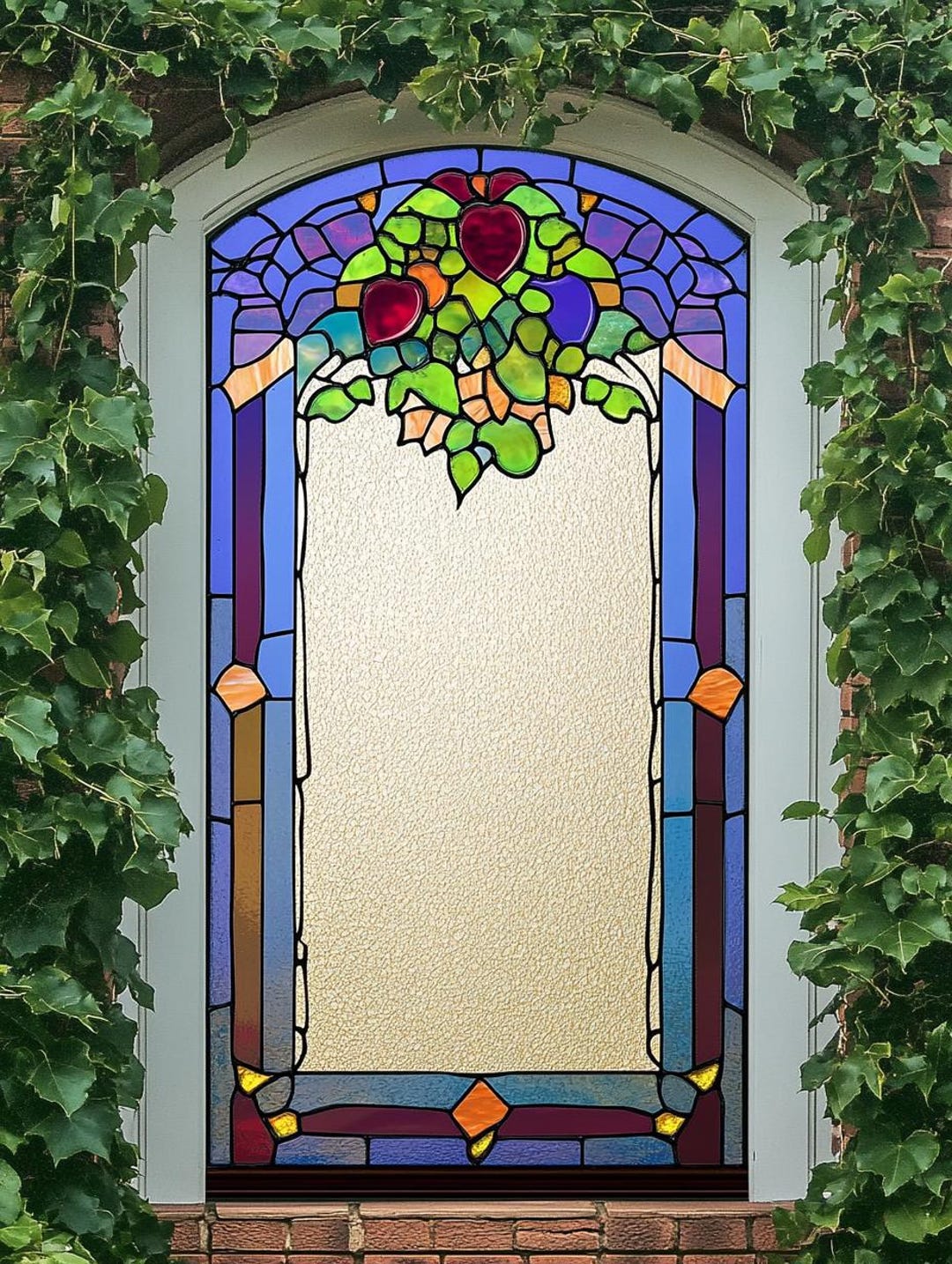 Custom Size Vintage Stained Glass Window Cling Lush Grape Vine Apple ...