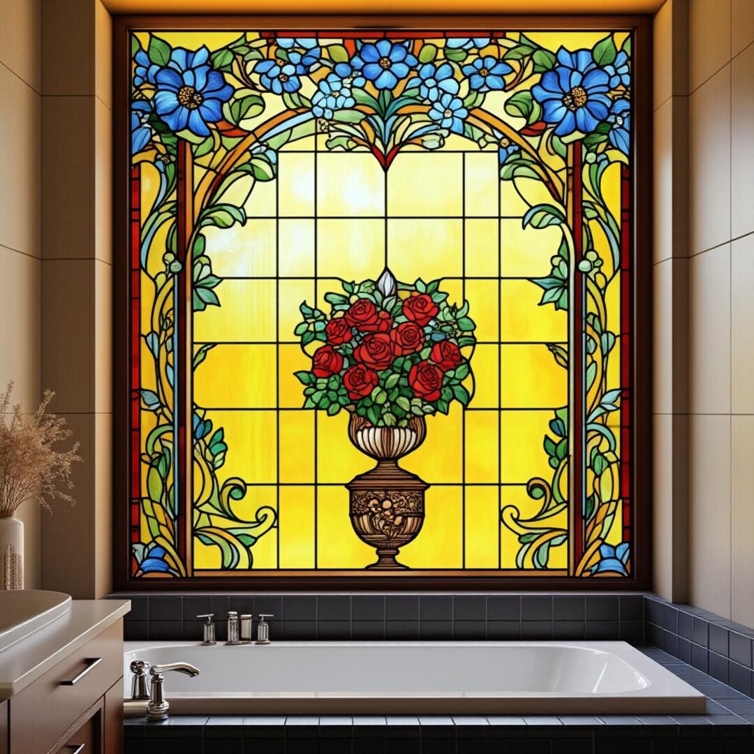 Custom Size Rose Stained Glass Window Film Vintage Floral Design ...