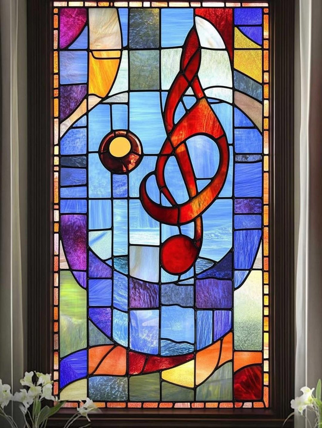 Custom Size Stained Glass Window Film Musical Note Design With Vibrant ...