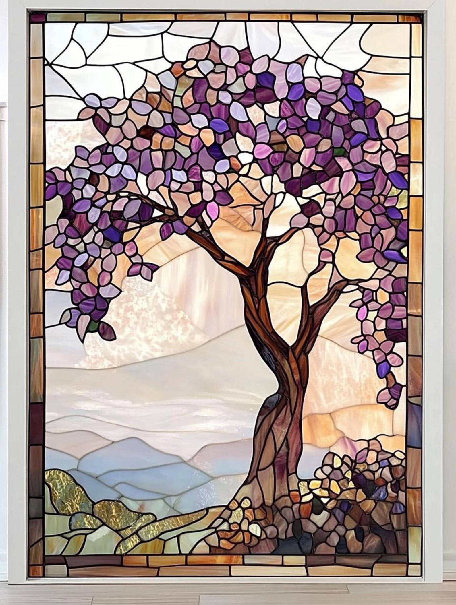 Custom Size Purple Bloom Tree Stained Glass Window Film Scenic Sunset ...